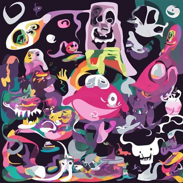 最初の商品画像がポスターの全体図です．2 番めの商品画像として中央部分の拡大図をのせています． 【GPT5/4o による解説】 (正確でない場合がありますので，ご注意ください.) この絵は，暗い背景の上に，ピンクや緑，黄色などの鮮やかな色の...