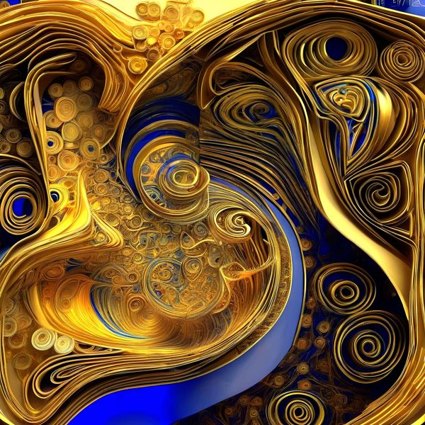 最初の商品画像がポスターの全体図です．2 番めの商品画像として中央部分の拡大図をのせています． 【GPT5/4o による解説】 (正確でない場合がありますので，ご注意ください.) 画面いっぱいに金色の帯が渦を巻き，紙の細工を重ねたように層が...