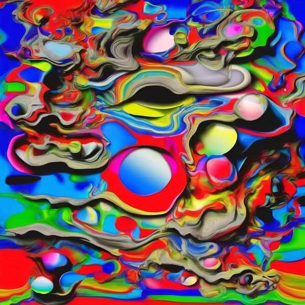 最初の商品画像がポスターの全体図です．2 番めの商品画像として中央部分の拡大図をのせています． 【GPT5/4o による解説】 (正確でない場合がありますので，ご注意ください.) この絵は，抽象表現主義やサイケデリックアートの影響を受けた作...