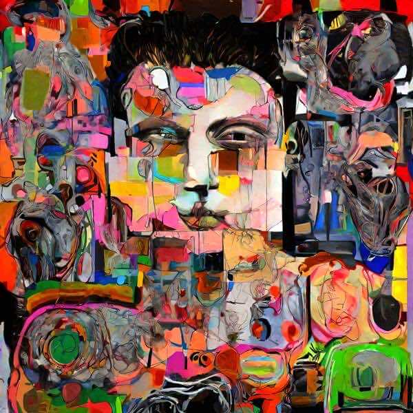 最初の商品画像がポスターの全体図です．2 番めの商品画像として中央部分の拡大図をのせています． 【GPT5/4o による解説】 (正確でない場合がありますので，ご注意ください.) この絵は，キュビズムとシュルレアリスムの影響を受けた作品のよ...