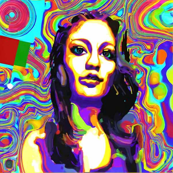 最初の商品画像がポスターの全体図です．2 番めの商品画像として中央部分の拡大図をのせています． 【GPT5/4o による解説】 (正確でない場合がありますので，ご注意ください.) この絵は，サイケデリックアートとポップアートの影響を受けた作...