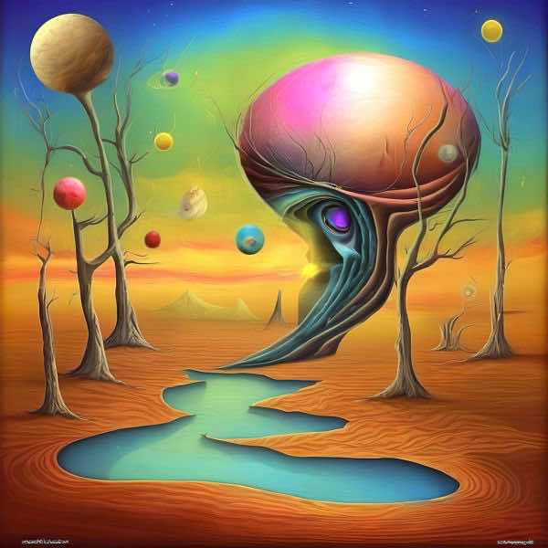 最初の商品画像がポスターの全体図です．2 番めの商品画像として中央部分の拡大図をのせています． 【GPT5/4o による解説】 (正確でない場合がありますので，ご注意ください.) この作品は，黄昏の砂漠に浮かぶ多彩な球体と，脳のように膨らん...