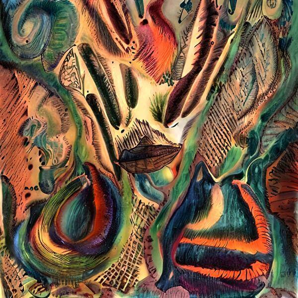 最初の商品画像がポスターの全体図です．2 番めの商品画像として中央部分の拡大図をのせています． 【GPT5/4o による解説】 (正確でない場合がありますので，ご注意ください.) この絵は，有機的な曲線と層になった色が画面いっぱいに広がり，...