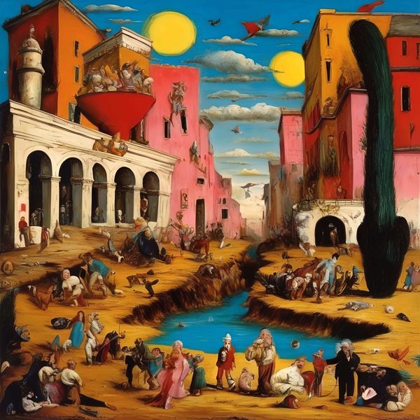 最初の商品画像がポスターの全体図です．2 番めの商品画像として中央部分の拡大図をのせています． 【GPT5/4o による解説】 (正確でない場合がありますので，ご注意ください.) 本作は鮮烈な色彩と不思議な遠近感で構成された街の寓話のような...