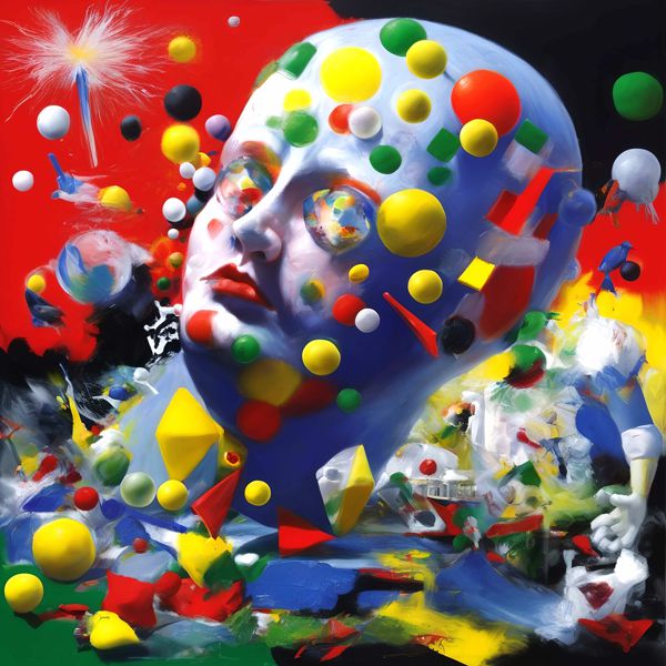 最初の商品画像がポスターの全体図です．2 番めの商品画像として中央部分の拡大図をのせています． 【GPT5/4o による解説】 (正確でない場合がありますので，ご注意ください.) この絵は，シュルレアリスムとポップアートの影響を受けた作品の...