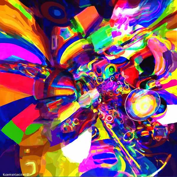 最初の商品画像がポスターの全体図です．2 番めの商品画像として中央部分の拡大図をのせています． 【GPT5/4o による解説】 (正確でない場合がありますので，ご注意ください.) この絵は，赤や黄，青や緑がいっせいに広がり，中心から渦のよう...