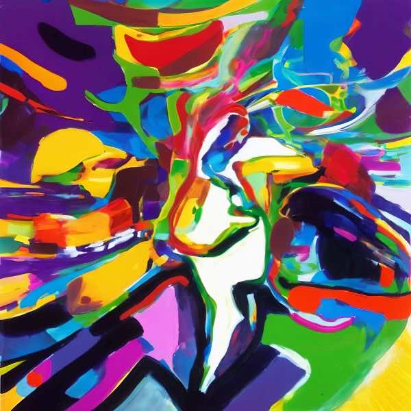 最初の商品画像がポスターの全体図です．2 番めの商品画像として中央部分の拡大図をのせています． 【GPT5/4o による解説】 (正確でない場合がありますので，ご注意ください.) この絵は，強い原色がぶつかり合い，曲線と斜線が渦を巻くように...