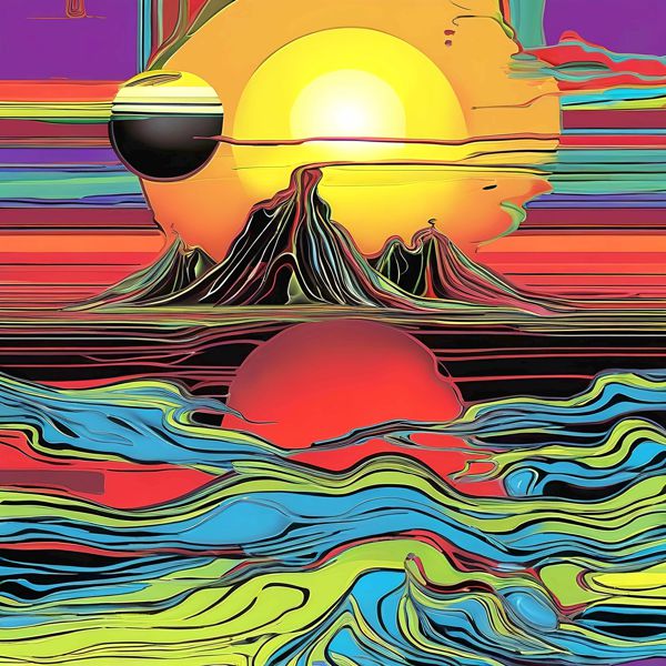 最初の商品画像がポスターの全体図です．2 番めの商品画像として中央部分の拡大図をのせています． 【GPT5/4o による解説】 (正確でない場合がありますので，ご注意ください.) この作品は，鮮烈なネオン調のパレットと滑らかな輪郭線で構成さ...