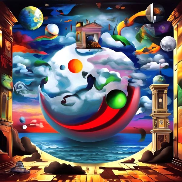 最初の商品画像がポスターの全体図です．2 番めの商品画像として中央部分の拡大図をのせています． 【GPT5/4o による解説】 (正確でない場合がありますので，ご注意ください.) この絵は，シュルレアリスムとサイケデリックアートの影響を強く...