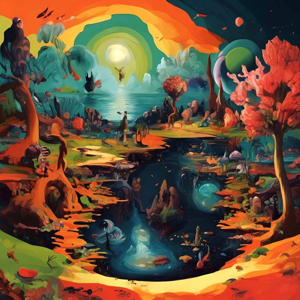 最初の商品画像がポスターの全体図です．2 番めの商品画像として中央部分の拡大図をのせています． 【GPT5/4o による解説】 (正確でない場合がありますので，ご注意ください.) この絵は鮮烈なオレンジと深いシアンを基調に，中心の円形の光輪...