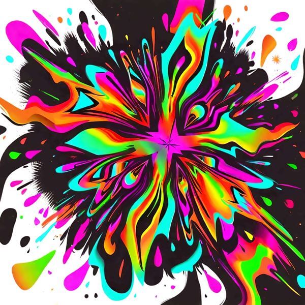 最初の商品画像がポスターの全体図です．2 番めの商品画像として中央部分の拡大図をのせています． 【GPT5/4o による解説】 (正確でない場合がありますので，ご注意ください.) この絵は，サイケデリックアートや抽象表現主義の影響を受けてい...