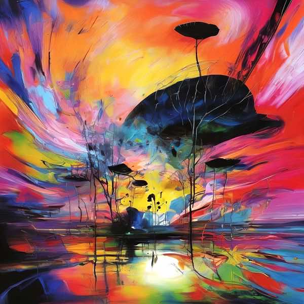 最初の商品画像がポスターの全体図です．2 番めの商品画像として中央部分の拡大図をのせています． 【GPT5/4o による解説】 (正確でない場合がありますので，ご注意ください.) 細い茎の先に円盤状の葉が浮かぶ黒いシルエットが，燃え広がるよ...