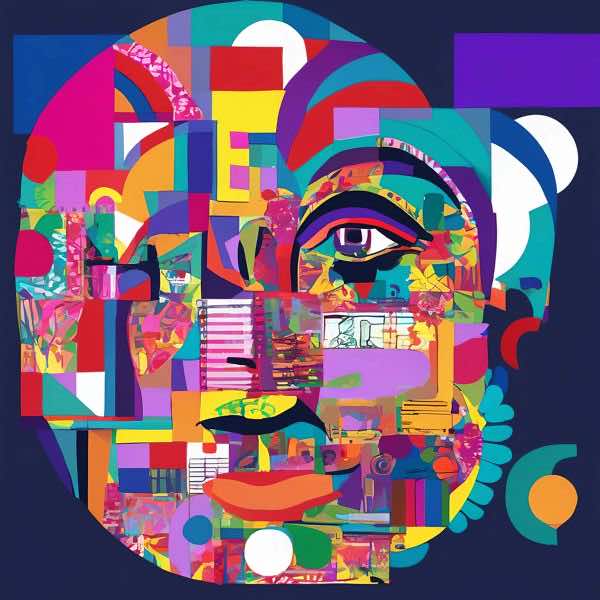 最初の商品画像がポスターの全体図です．2 番めの商品画像として中央部分の拡大図をのせています． 【GPT5/4o による解説】 (正確でない場合がありますので，ご注意ください.) この絵は，キュビズムとポップアートの影響を受けた作品です． ...