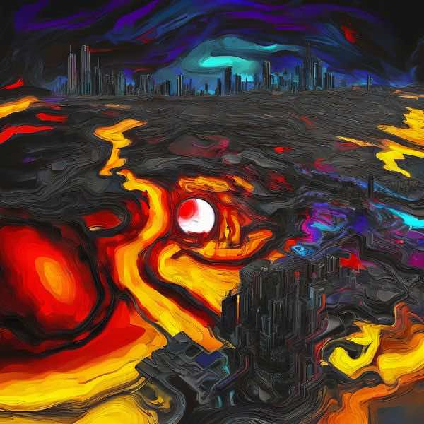 最初の商品画像がポスターの全体図です．2 番めの商品画像として中央部分の拡大図をのせています． 【GPT5/4o による解説】 (正確でない場合がありますので，ご注意ください.) 画面全体が溶岩のような赤や黄でうねり，中央の白い球が熱源のよ...