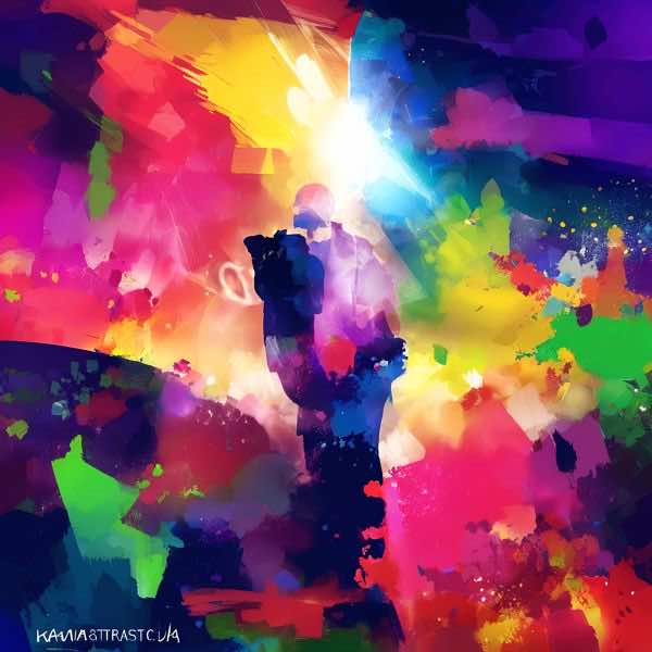 最初の商品画像がポスターの全体図です．2 番めの商品画像として中央部分の拡大図をのせています． 【GPT5/4o による解説】 (正確でない場合がありますので，ご注意ください.) 白く炸裂する核から光が放射され，飽和したスペクトルが周囲でぶ...