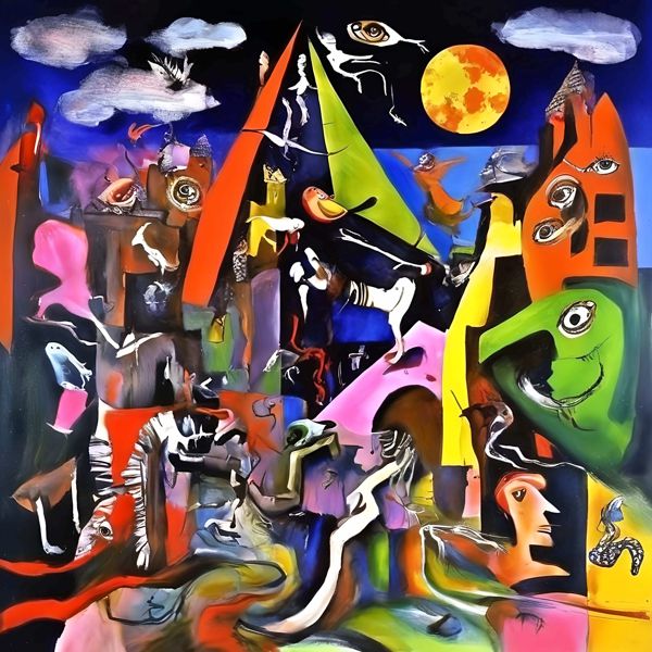 最初の商品画像がポスターの全体図です．2 番めの商品画像として中央部分の拡大図をのせています． 【GPT5/4o による解説】 (正確でない場合がありますので，ご注意ください.) この絵は鮮烈な色彩と不連続な造形が入り混じる夢幻的な風景を描...