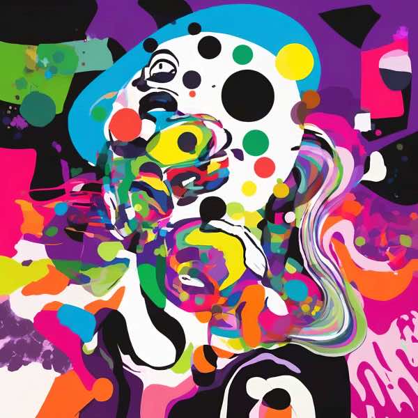 最初の商品画像がポスターの全体図です．2 番めの商品画像として中央部分の拡大図をのせています． 【GPT5/4o による解説】 (正確でない場合がありますので，ご注意ください.) この絵は，ポップアートと抽象表現主義の影響を受けた作品です．...