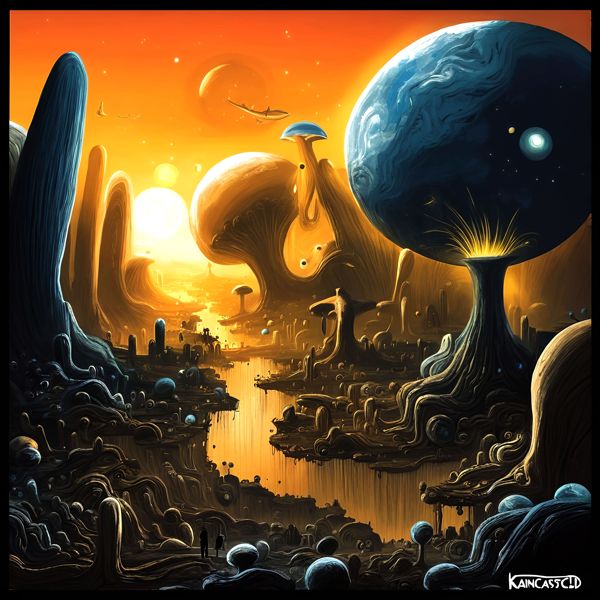 最初の商品画像がポスターの全体図です．2 番めの商品画像として中央部分の拡大図をのせています． 【GPT5/4o による解説】 (正確でない場合がありますので，ご注意ください.) この絵は，幻想的で超現実的な風景を描いており，ダリやH.R....