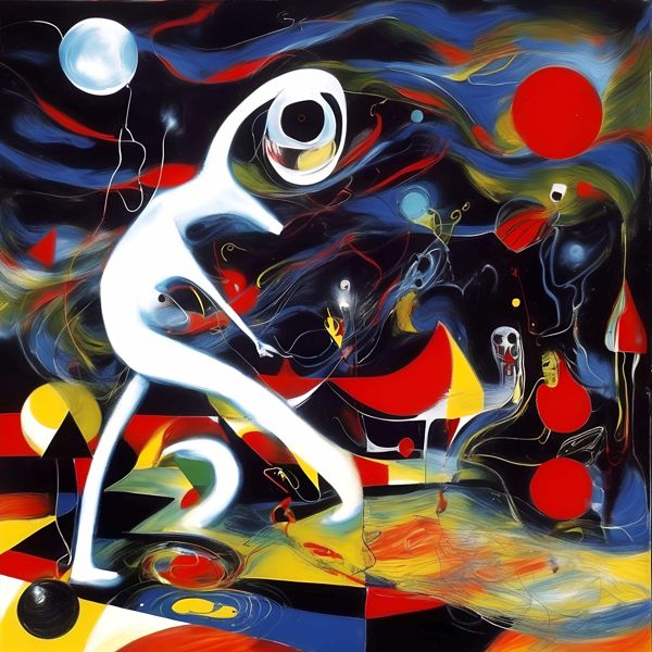 最初の商品画像がポスターの全体図です．2 番めの商品画像として中央部分の拡大図をのせています． 【GPT5/4o による解説】 (正確でない場合がありますので，ご注意ください.) この絵は深い黒を背景に，白く伸長した人物風のシルエットが中央...