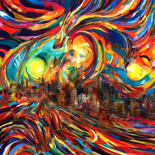 最初の商品画像がポスターの全体図です．2 番めの商品画像として中央部分の拡大図をのせています． 【GPT5/4o による解説】 (正確でない場合がありますので，ご注意ください.) この絵は，ヴィンセント・ヴァン・ゴッホの「星月夜」に影響を受...