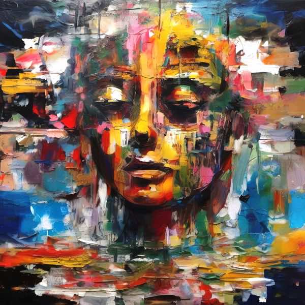 最初の商品画像がポスターの全体図です．2 番めの商品画像として中央部分の拡大図をのせています． 【GPT5/4o による解説】 (正確でない場合がありますので，ご注意ください.) 画面中央に浮かぶ顔は，目を閉じており，喧噪を背に沈黙へ沈みこ...