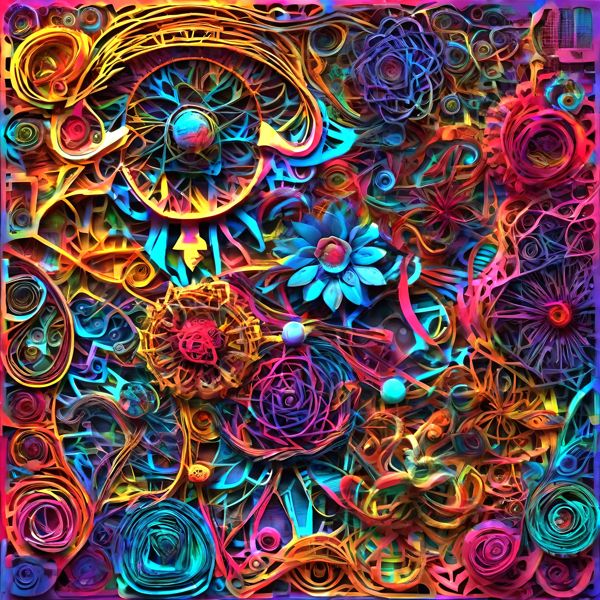 最初の商品画像がポスターの全体図です．2 番めの商品画像として中央部分の拡大図をのせています． 【GPT5/4o による解説】 (正確でない場合がありますので，ご注意ください.) この絵は，非常にカラフルで複雑なデザインが特徴的です． 色彩...