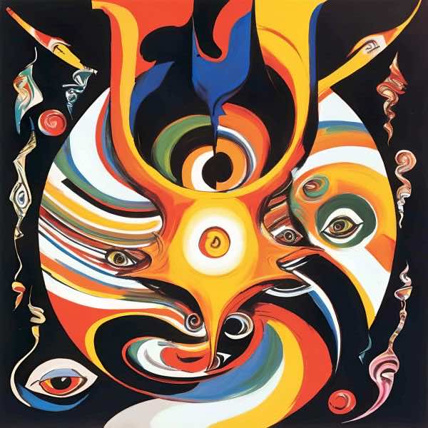 最初の商品画像がポスターの全体図です．2 番めの商品画像として中央部分の拡大図をのせています． 【GPT5/4o による解説】 (正確でない場合がありますので，ご注意ください.) 漆黒の舞台に同心円が燃え，中心の金色は太陽であると同時に巨大...