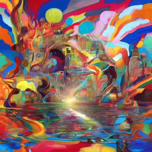 最初の商品画像がポスターの全体図です．2 番めの商品画像として中央部分の拡大図をのせています． 【GPT5/4o による解説】 (正確でない場合がありますので，ご注意ください.) この絵は，強い色の帯がうねりながら画面全体を満たし，中央の光...