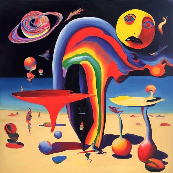 最初の商品画像がポスターの全体図です．2 番めの商品画像として中央部分の拡大図をのせています． 【GPT5/4o による解説】 (正確でない場合がありますので，ご注意ください.) この絵は，シュルレアリスムの影響を強く受けた作品です． 特に...