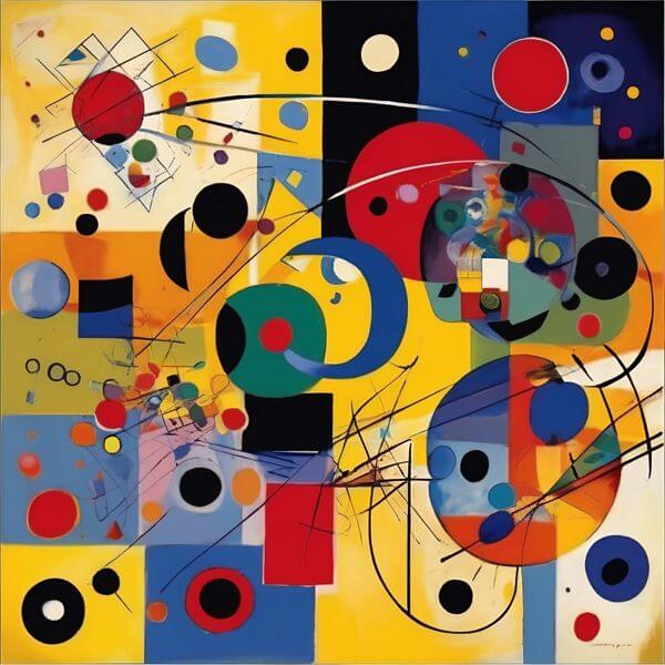 最初の商品画像がポスターの全体図です．2 番めの商品画像として中央部分の拡大図をのせています． 【GPT5/4o による解説】 (正確でない場合がありますので，ご注意ください.) この作品は鮮やかな色彩と幾何学的な円や角形を大胆に配した抽象...