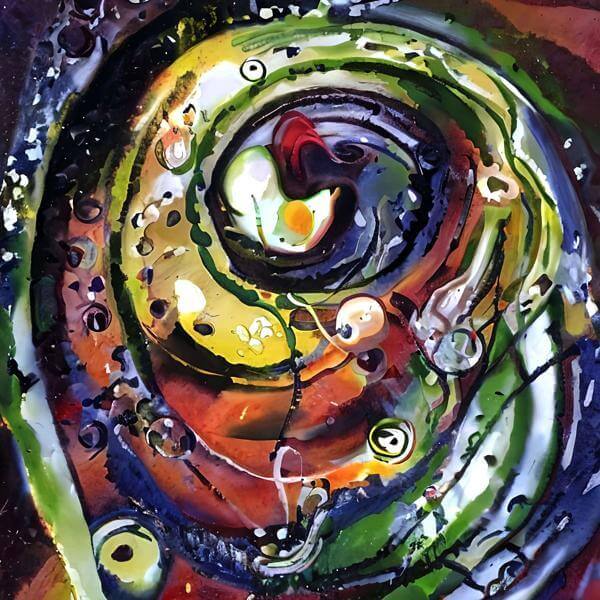 最初の商品画像がポスターの全体図です．2 番めの商品画像として中央部分の拡大図をのせています． 【GPT5/4o による解説】 (正確でない場合がありますので，ご注意ください.) 絵は渦巻きの構図で，緑・黄・橙・紫が層をつくり，中心に白と赤...