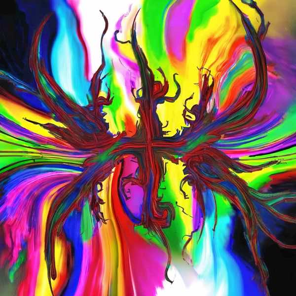 最初の商品画像がポスターの全体図です．2 番めの商品画像として中央部分の拡大図をのせています． 【GPT5/4o による解説】 (正確でない場合がありますので，ご注意ください.) この絵は，全体に虹色の光が渦を巻くように広がり，その中心で赤...