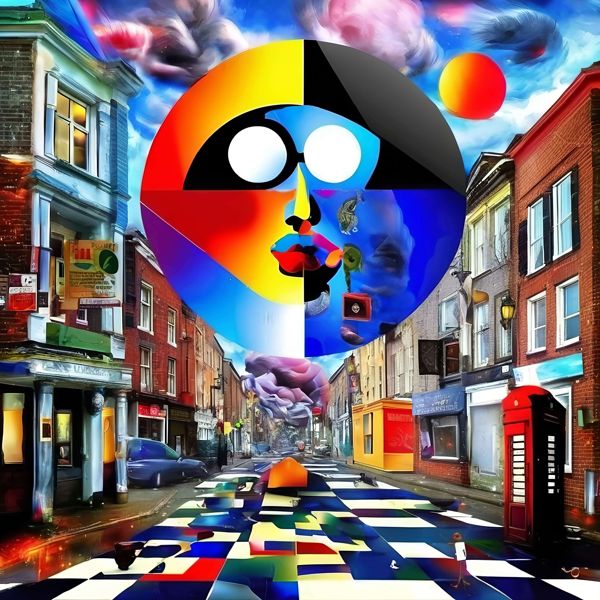 最初の商品画像がポスターの全体図です．2 番めの商品画像として中央部分の拡大図をのせています． 【GPT5/4o による解説】 (正確でない場合がありますので，ご注意ください.) 中央に描かれた円形の顔が街路の遠近と対照を成し，幾何学的な色...