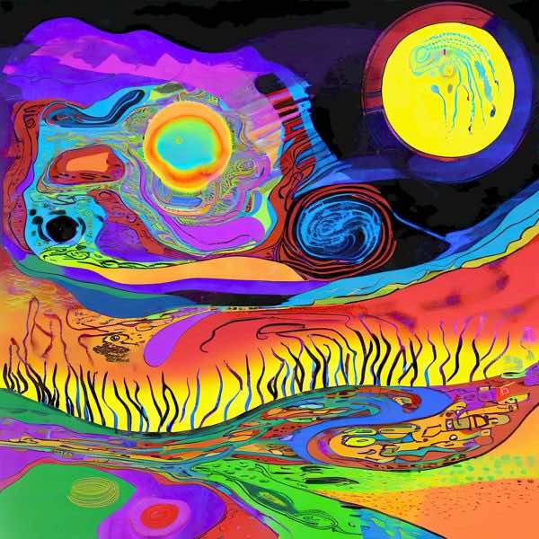 最初の商品画像がポスターの全体図です．2 番めの商品画像として中央部分の拡大図をのせています． 【GPT5/4o による解説】 (正確でない場合がありますので，ご注意ください.) 夜空と大地が混線したような空間で，地形図の等高線がそのまま宇...