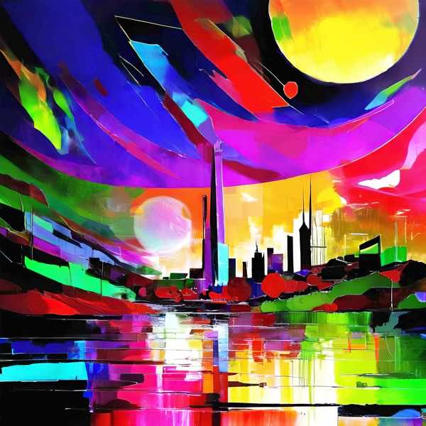 最初の商品画像がポスターの全体図です．2 番めの商品画像として中央部分の拡大図をのせています． 【GPT5/4o による解説】 (正確でない場合がありますので，ご注意ください.) この絵は，鮮やかな色彩と大胆な構図が特徴的で，未来的な都市の...