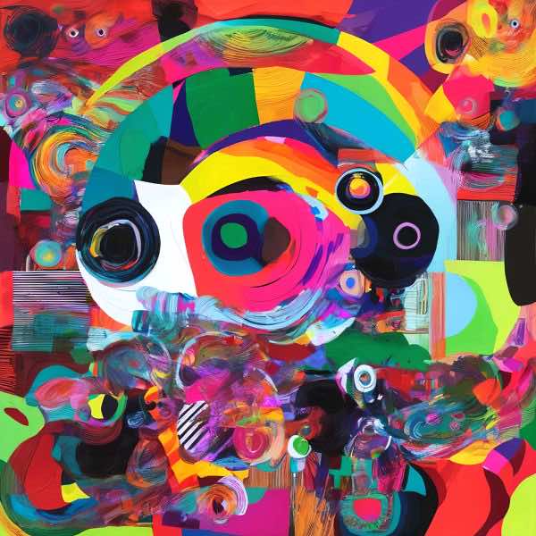 最初の商品画像がポスターの全体図です．2 番めの商品画像として中央部分の拡大図をのせています． 【GPT5/4o による解説】 (正確でない場合がありますので，ご注意ください.) この絵は，抽象表現主義やオプ・アートの影響を受けた作品のよう...