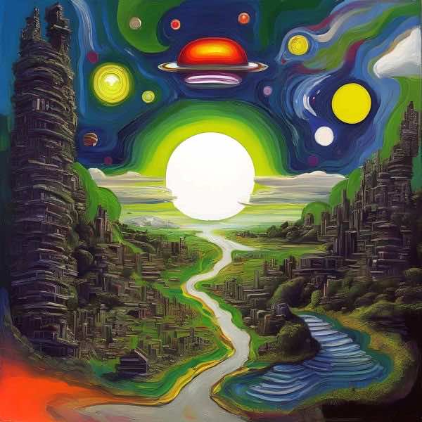 最初の商品画像がポスターの全体図です．2 番めの商品画像として中央部分の拡大図をのせています． 【GPT5/4o による解説】 (正確でない場合がありますので，ご注意ください.) この絵は，幻想的で超現実的な風景を描いており，サルバドール・...