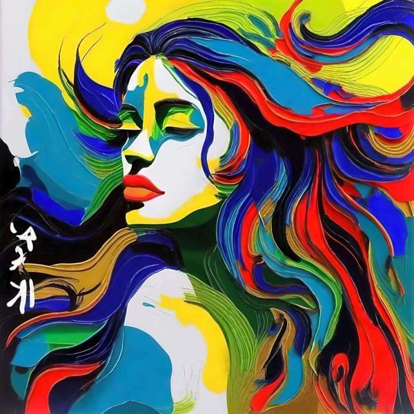 最初の商品画像がポスターの全体図です．2 番めの商品画像として中央部分の拡大図をのせています． 【GPT5/4o による解説】 (正確でない場合がありますので，ご注意ください.) この絵は，鮮やかな色彩と流れるような線が特徴的で，ポップアー...