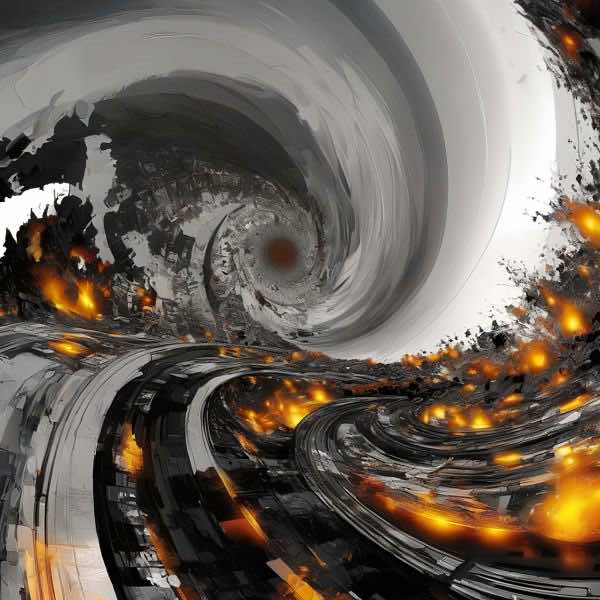 最初の商品画像がポスターの全体図です．2 番めの商品画像として中央部分の拡大図をのせています． 【GPT5/4o による解説】 (正確でない場合がありますので，ご注意ください.) 画面は巨大な渦が中心に口を開け，手前の帯状の路面が巻き込まれ...