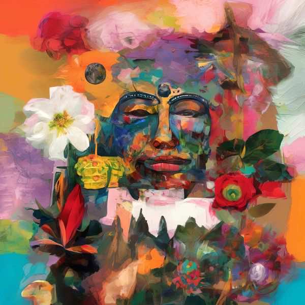 最初の商品画像がポスターの全体図です．2 番めの商品画像として中央部分の拡大図をのせています． 【GPT5/4o による解説】 (正確でない場合がありますので，ご注意ください.) この絵は，鮮やかな色彩と抽象的な要素が特徴的で，スピリチュア...