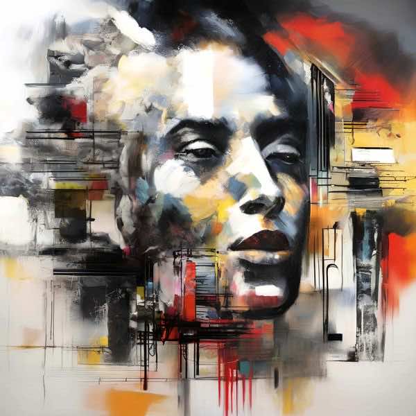 最初の商品画像がポスターの全体図です．2 番めの商品画像として中央部分の拡大図をのせています． 【GPT5/4o による解説】 (正確でない場合がありますので，ご注意ください.) この絵は，抽象表現主義とキュビズムの影響を受けた作品です． ...