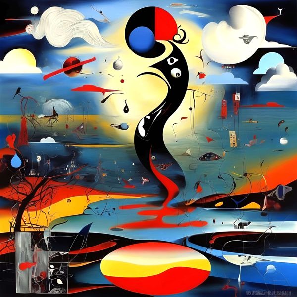 最初の商品画像がポスターの全体図です．2 番めの商品画像として中央部分の拡大図をのせています． 【GPT5/4o による解説】 (正確でない場合がありますので，ご注意ください.) この絵は，シュルレアリスムと抽象表現主義の影響を受けた作品で...