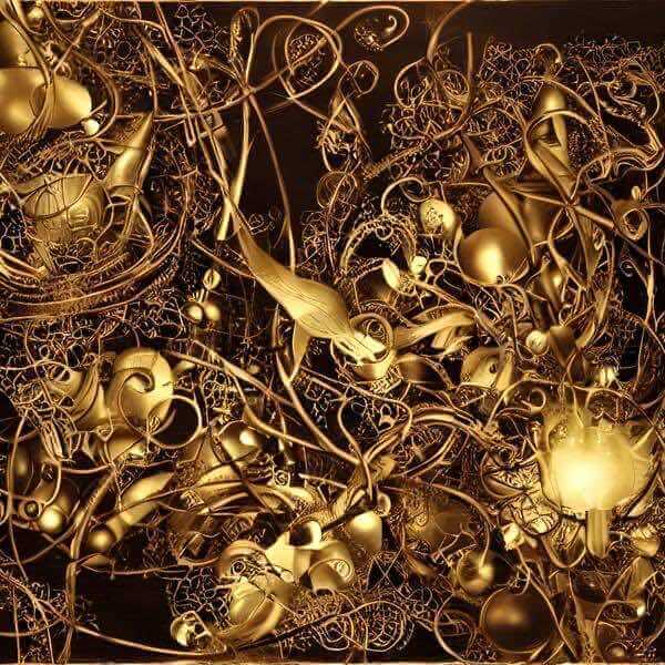 最初の商品画像がポスターの全体図です．2 番めの商品画像として中央部分の拡大図をのせています． 【GPT5/4o による解説】 (正確でない場合がありますので，ご注意ください.) 暗い地に金の蔓と球体が渦をなし，糸のようなアラベスクが視線を...