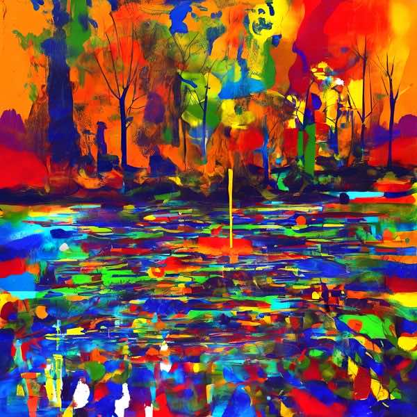 最初の商品画像がポスターの全体図です．2 番めの商品画像として中央部分の拡大図をのせています． 【GPT5/4o による解説】 (正確でない場合がありますので，ご注意ください.) 燃え立つ橙から濃い群青へ，画面は温度勾配のように二層化し，上...