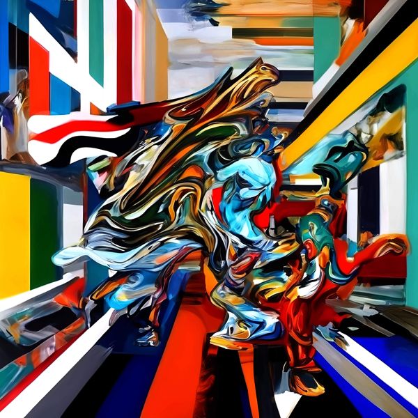 最初の商品画像がポスターの全体図です．2 番めの商品画像として中央部分の拡大図をのせています． 【GPT5/4o による解説】 (正確でない場合がありますので，ご注意ください.) 画面は奥へと走る通路のような遠近に，原色の帯が縦横に走り，中...