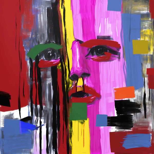 最初の商品画像がポスターの全体図です．2 番めの商品画像として中央部分の拡大図をのせています． 【GPT5/4o による解説】 (正確でない場合がありますので，ご注意ください.) この作品は，中央に配された顔貌をピンクと黄色の縦帯で大胆に分...