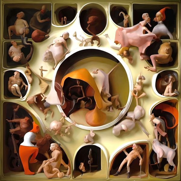 最初の商品画像がポスターの全体図です．2 番めの商品画像として中央部分の拡大図をのせています． 【GPT5/4o による解説】 (正確でない場合がありますので，ご注意ください.) この絵は蜂の巣のような仕切りの中に，粘土めいた人体や獣が小劇...