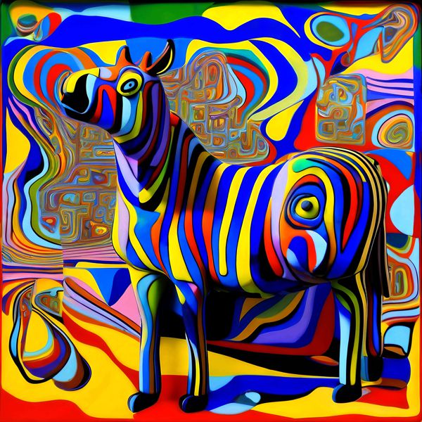 最初の商品画像がポスターの全体図です．2 番めの商品画像として中央部分の拡大図をのせています． 【GPT5/4o による解説】 (正確でない場合がありますので，ご注意ください.) 鮮烈な原色が縞模様として全身を覆う本作は，動物の造形を親しみ...