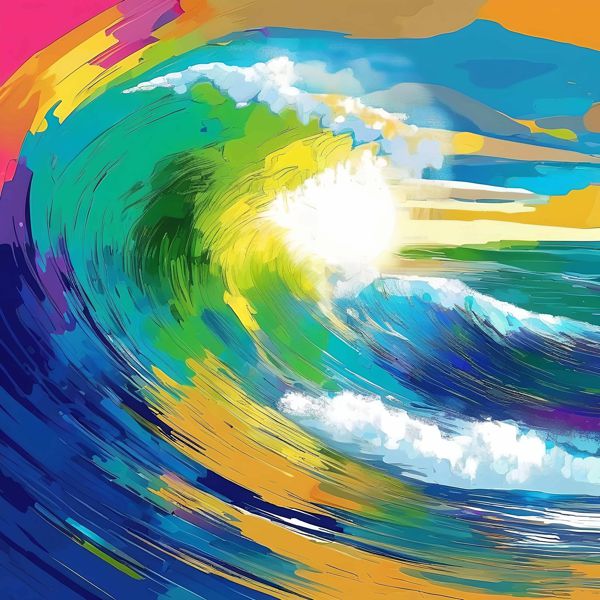 最初の商品画像がポスターの全体図です．2 番めの商品画像として中央部分の拡大図をのせています． 【GPT5/4o による解説】 (正確でない場合がありますので，ご注意ください.) 弾むような筆致と鮮烈な色彩で波の奔流を描いた作品です． 渦巻...