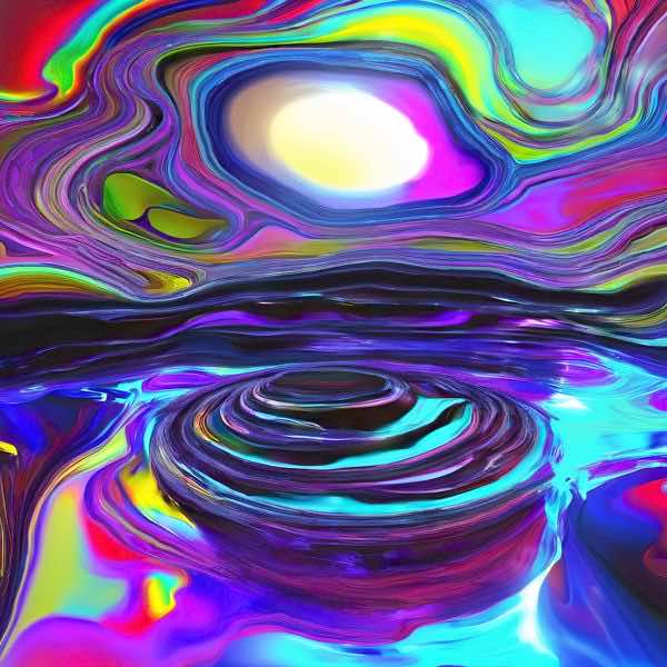 最初の商品画像がポスターの全体図です．2 番めの商品画像として中央部分の拡大図をのせています． 【GPT5/4o による解説】 (正確でない場合がありますので，ご注意ください.) この絵は，湖面の波紋と空の発光をモチーフにした抽象画です． ...